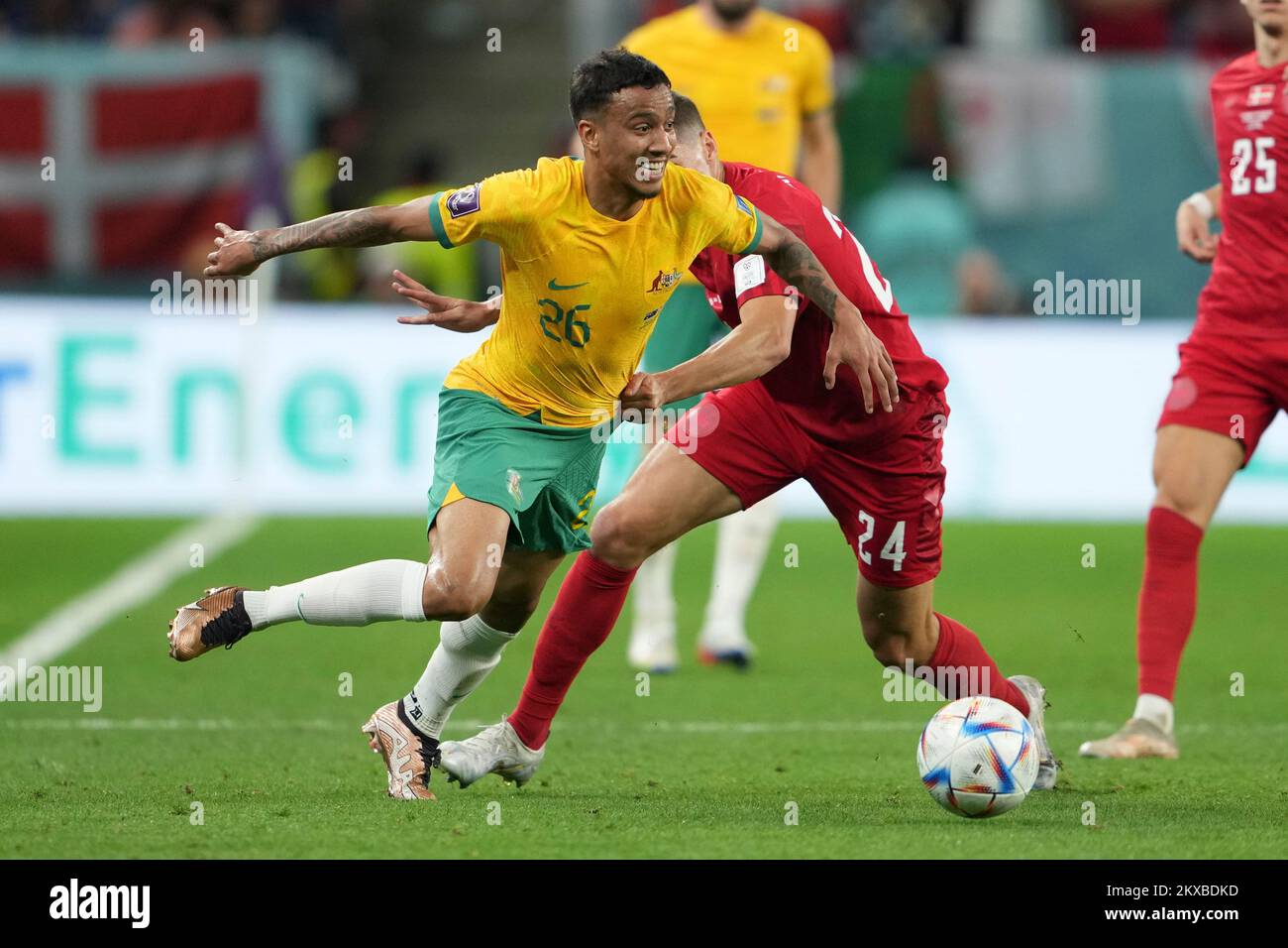 Al Wakrah, Qatar. 30th Nov, 2022. Keanu Baccus (L) of Australia vies ...