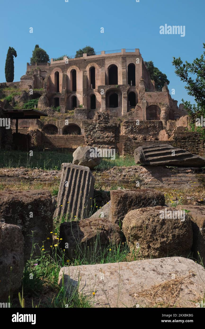 Rome, Italy - day view of ancient ruins inside Palatine Hill, the first ...
