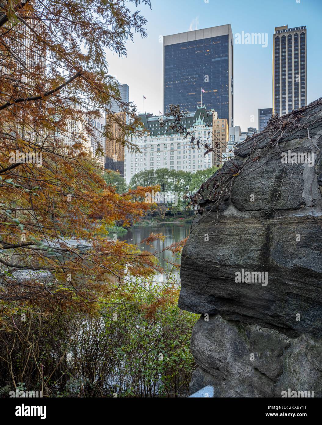 Gapstow Bridge in Central Park in late autumn, early morning on cloudy ...