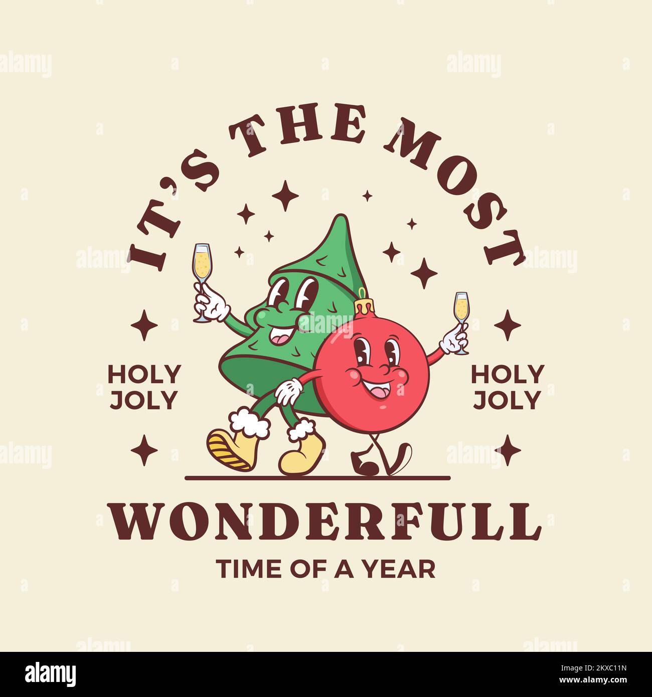 Christmas New Year retro cartoon characters label template. Pine and ...