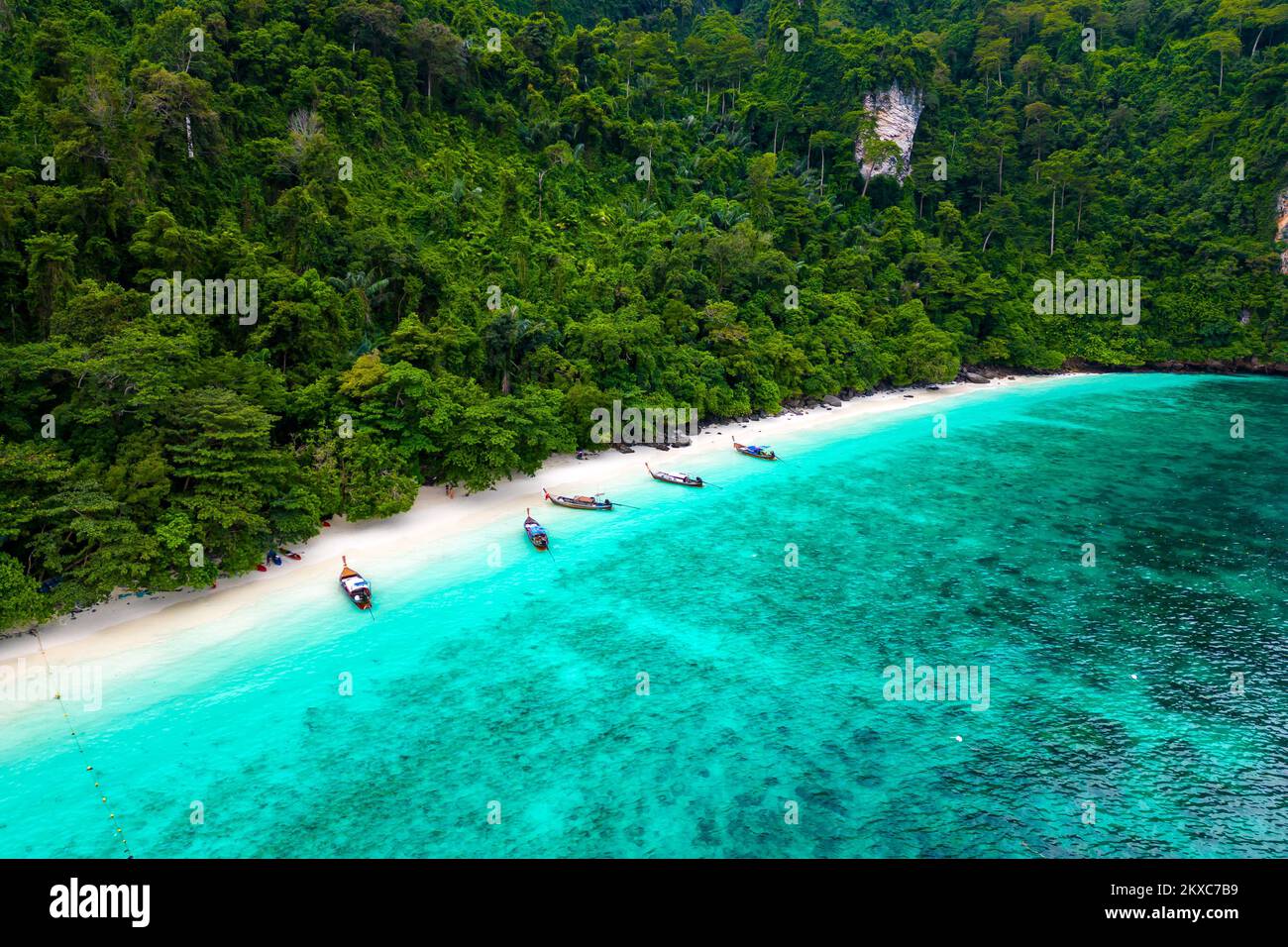 Aerial drone view of famous Monkey Beach at Ko Phi Phi island, Thailand ...
