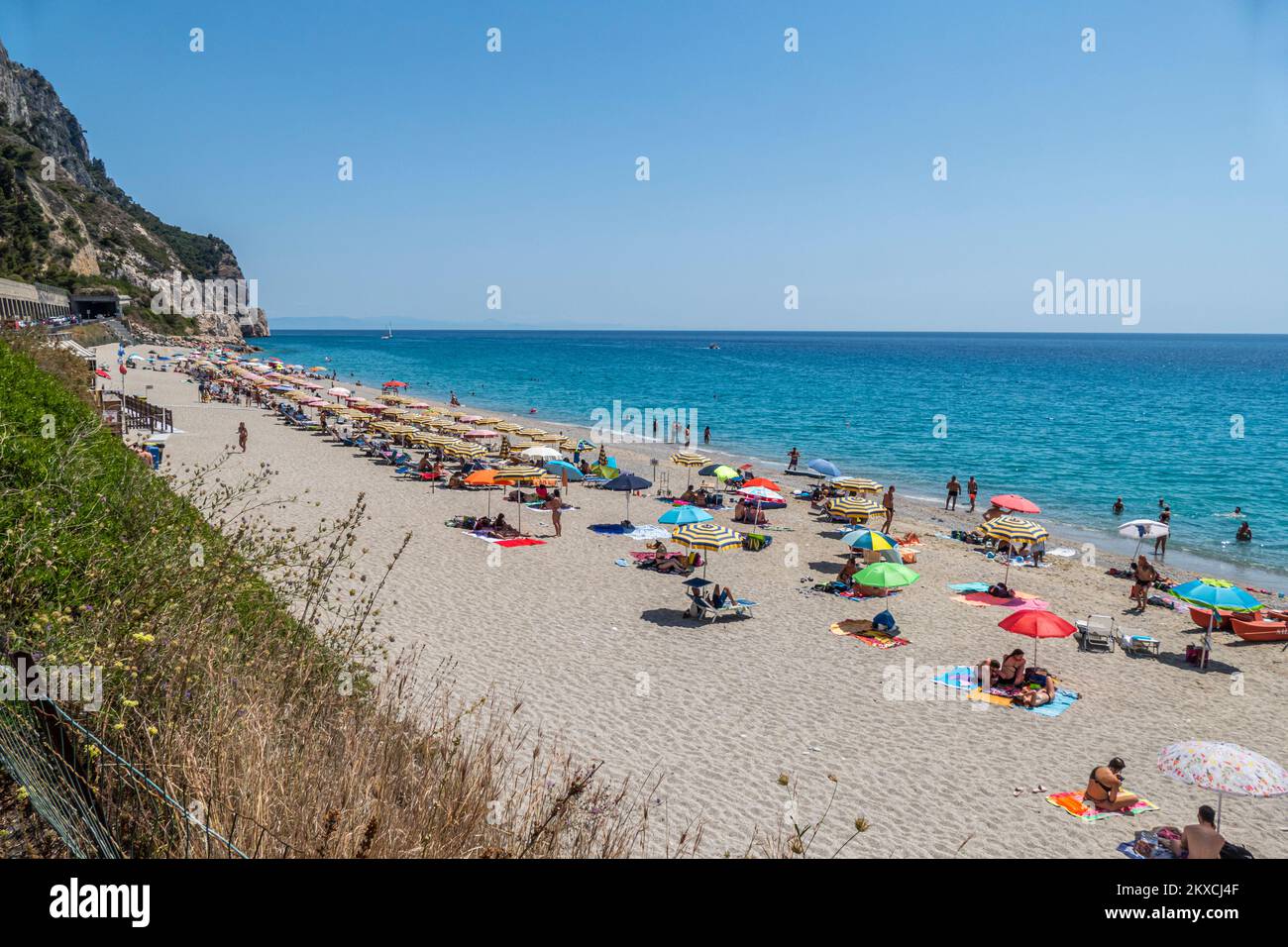 Varigotti, Italy - 10-07-2021: Extra wide view of the Beach of Malpasso ...