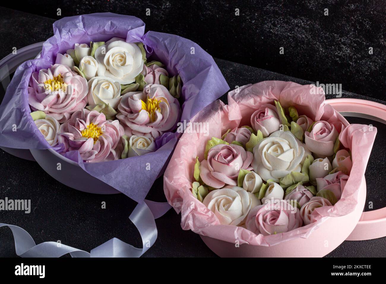 Homemade marshmallows in a gift box. delicate design card Stock Photo ...