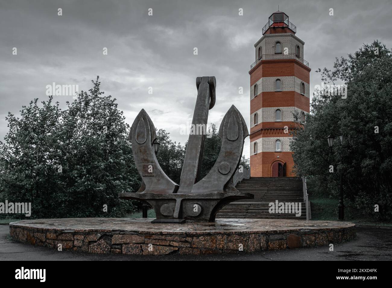 Atmospheric view of the anchor memorial in front of a beacon. Murmansk ...