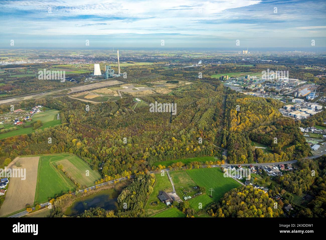 Aerial view, slag heap Großes Holz, forest Großes Holz in autumn colors ...