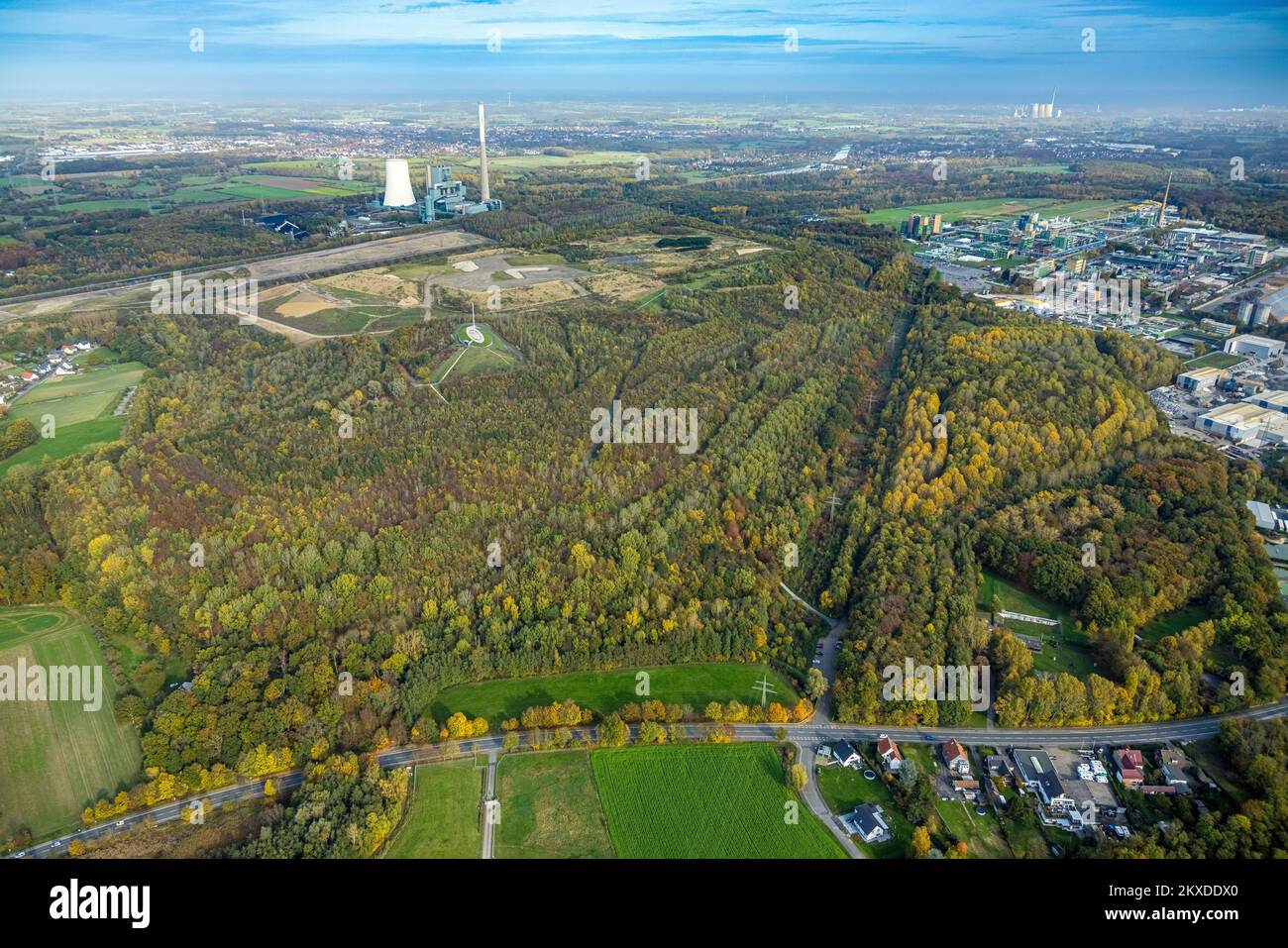 Aerial view, slag heap Großes Holz, forest Großes Holz in autumn colors ...