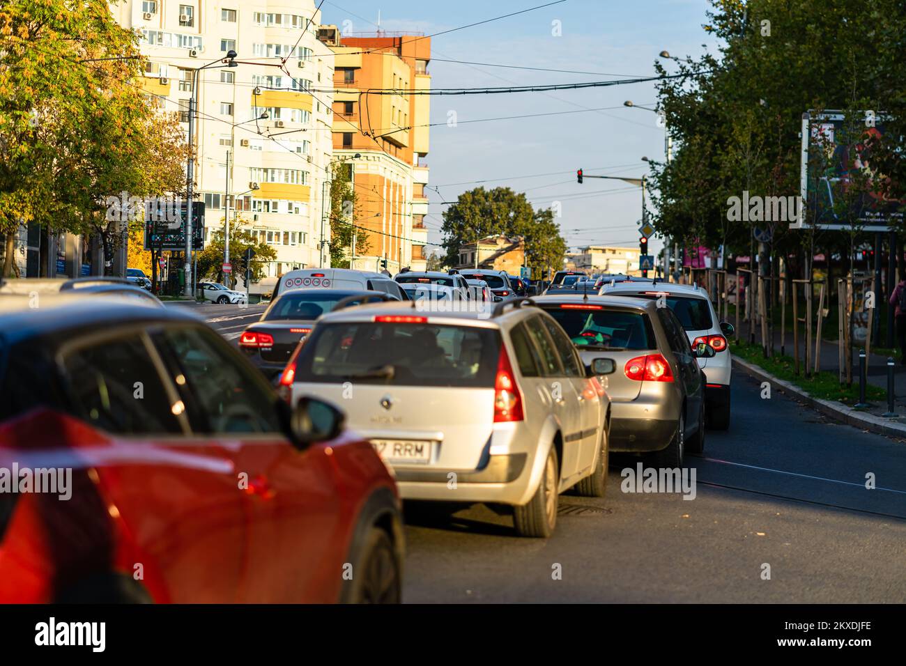 Car traffic at rush hour, car pollution, traffic jam in Bucharest ...