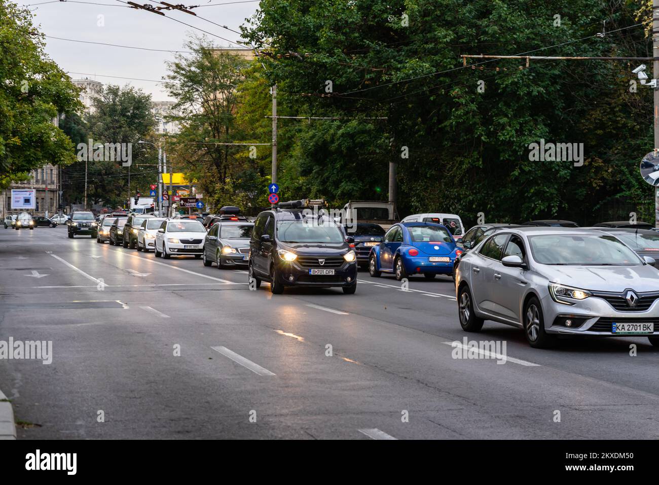 Car traffic at rush hour, car pollution, traffic jam in Bucharest ...