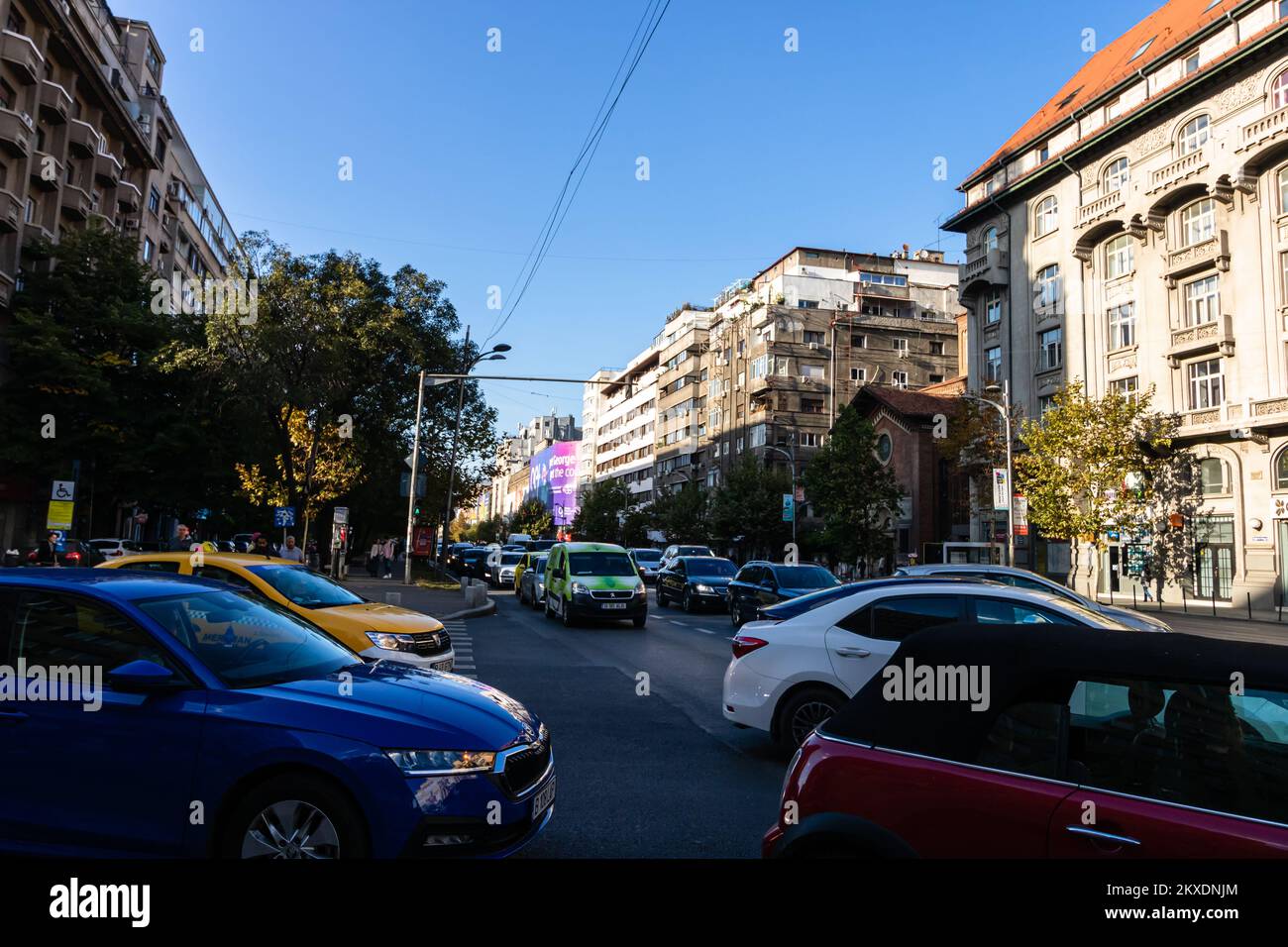 Car traffic at rush hour, car pollution, traffic jam in Bucharest ...
