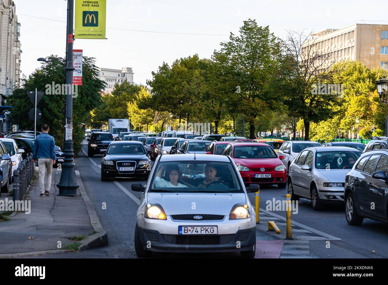 Car traffic at rush hour, car pollution, traffic jam in Bucharest ...