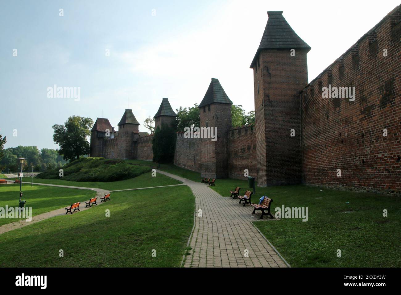 The old, brick city walls of the city of Nymburk in Czech Republic. The ...