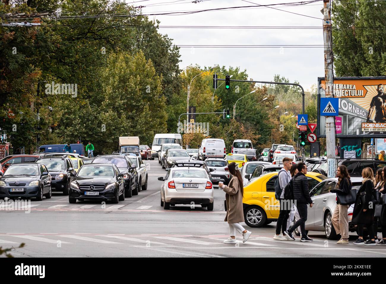 Car traffic at rush hour, car pollution, traffic jam in Bucharest ...