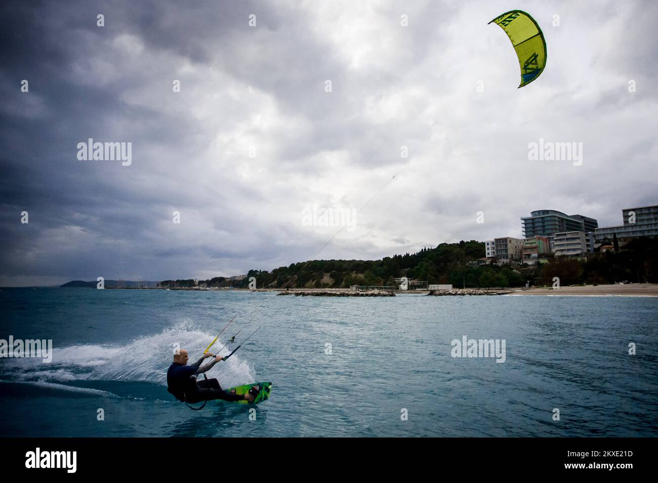 18.12.2019., Split, Croatia - Kitesurfing in front of the Znjan beach ...