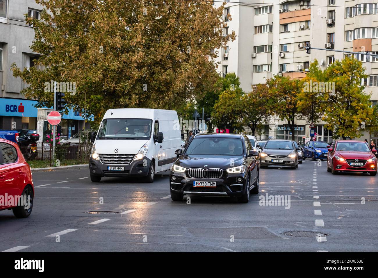 Car traffic at rush hour, car pollution, traffic jam in Bucharest ...