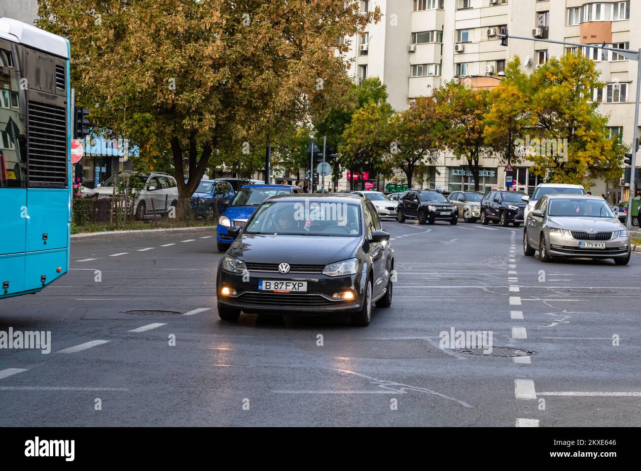 Car traffic at rush hour, car pollution, traffic jam in Bucharest ...