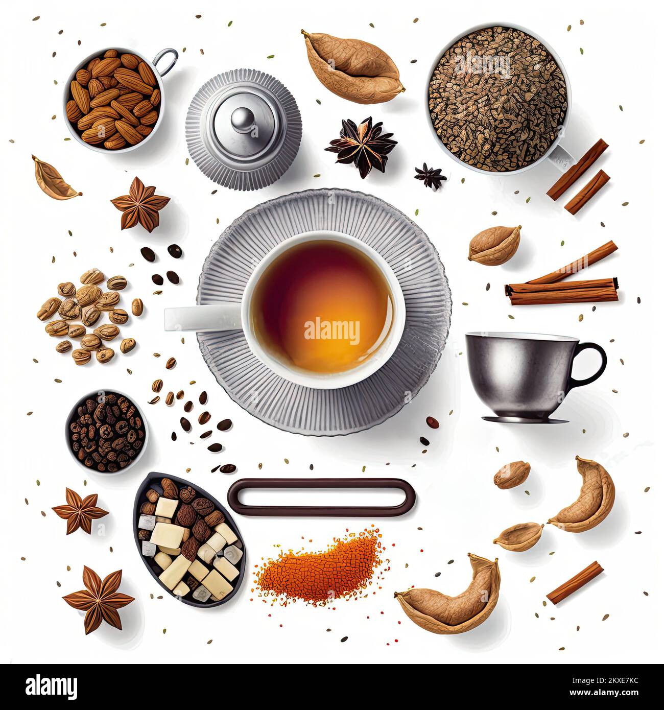 A cup of chai tea on a white background illustrated in knolling ...