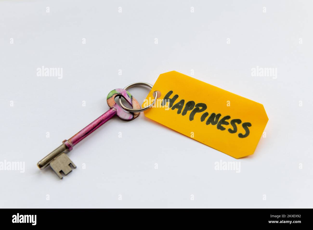 A key to happiness concept with a key and the word happiness isolated ...