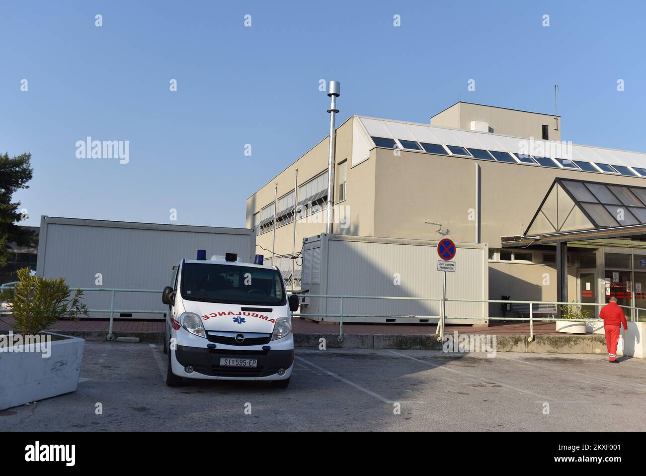 21.03.2020., Sibenik, Croatia - Containers are placed in front of the ...