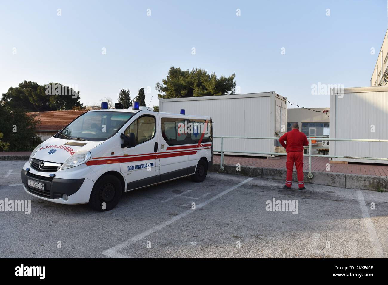 21.03.2020., Sibenik, Croatia - Containers are placed in front of the ...