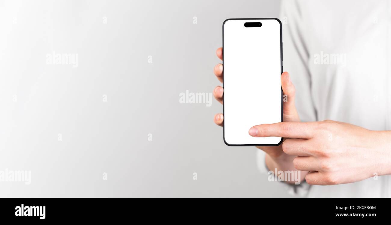 Hand clicking on new mobile phone screen mockup, smartphone display ...