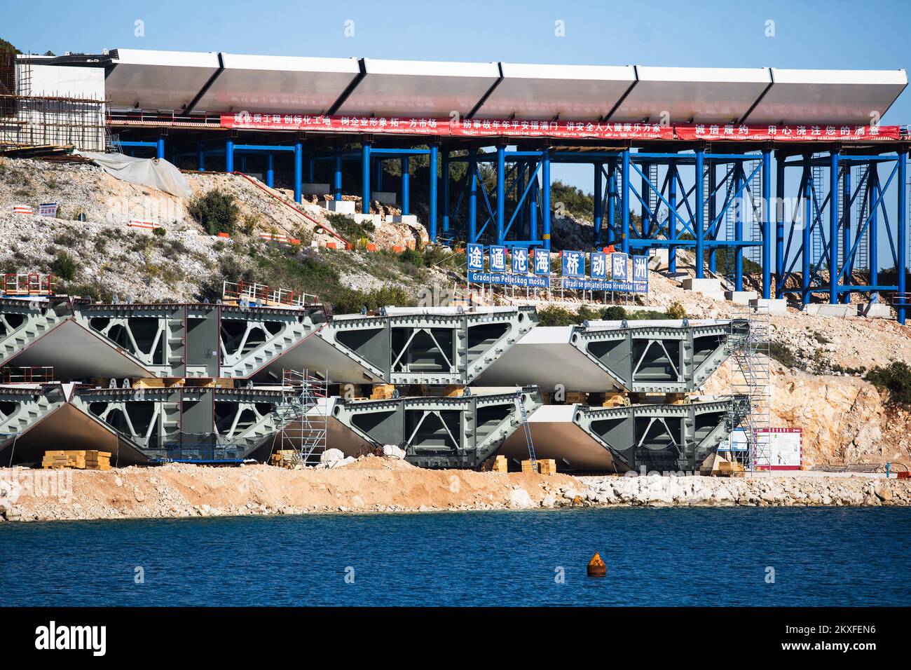 17.04.2020., Komarna,Croatia - The construction of the Peljesac bridge and its access roads in ...