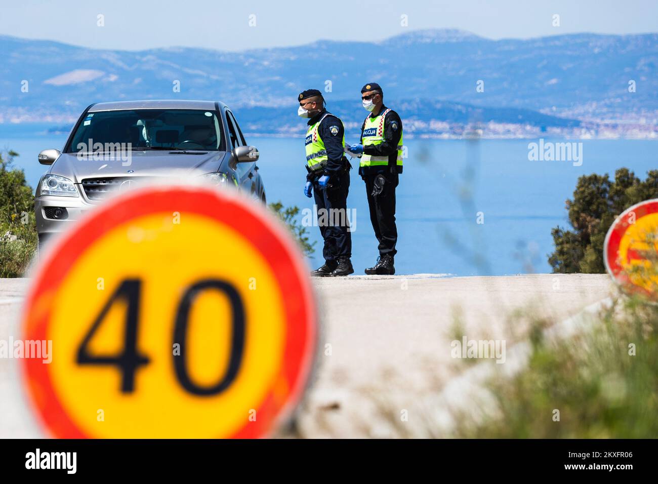 09.05.2020., Nerezisca, Brac island, Croatia - Police on the entrance ...