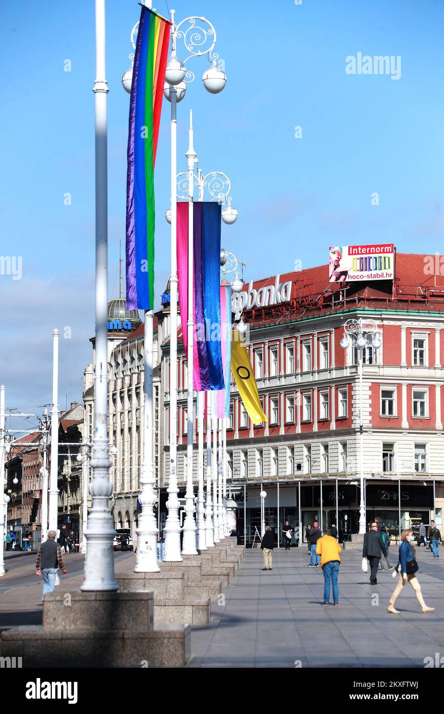 13.05.2020., Zagreb, Croatia - Colorfull pride flags in the city center ...