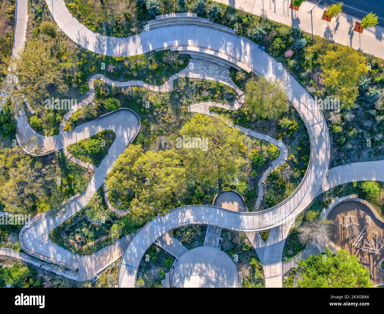 Top view of an abstract concrete walkways at Austin, Texas. Aerial view ...