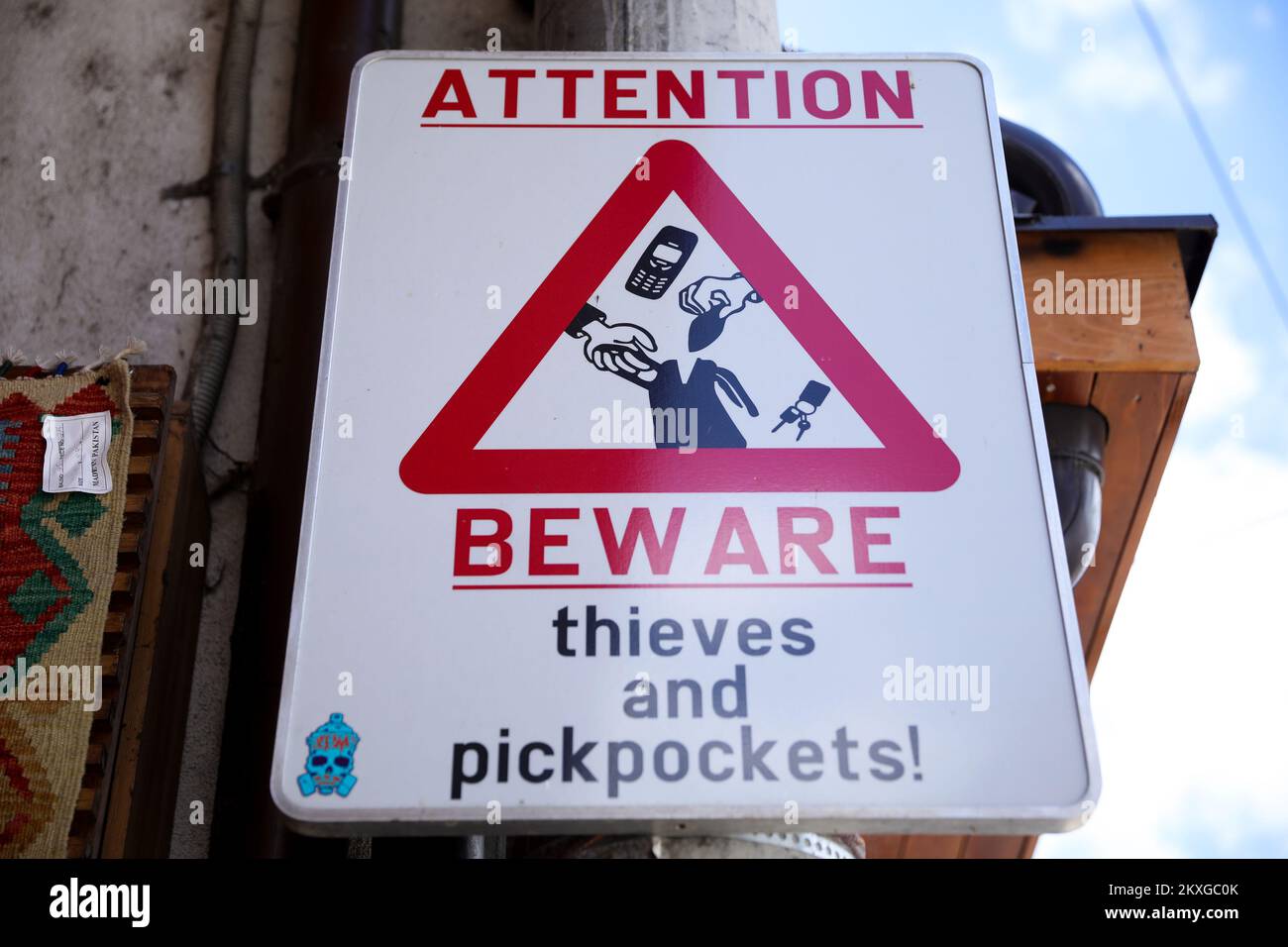 Sign Beware thieves and pickpockets is pictured on Bascarsija square ...