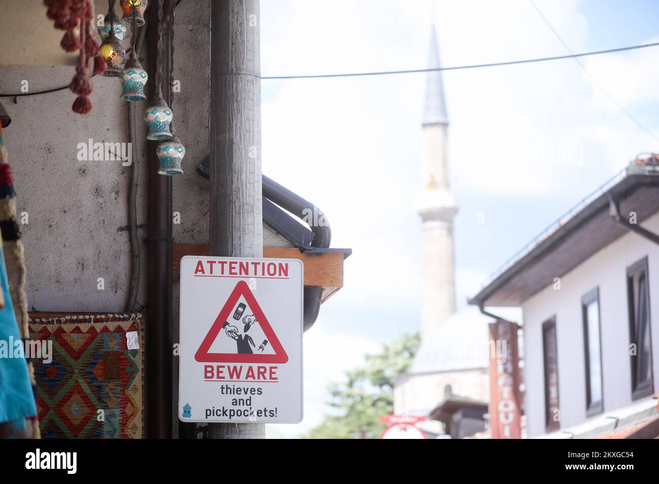 Sign Beware thieves and pickpockets is pictured on Bascarsija square ...