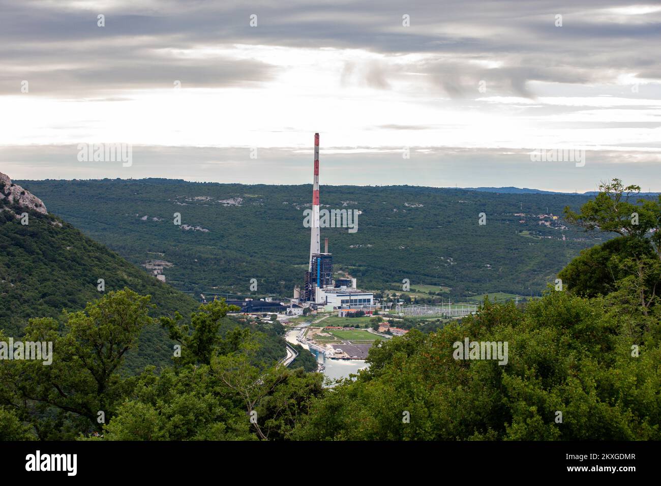 Aeral view of Plomin powerstation near city of Rabac, Croatia on June ...
