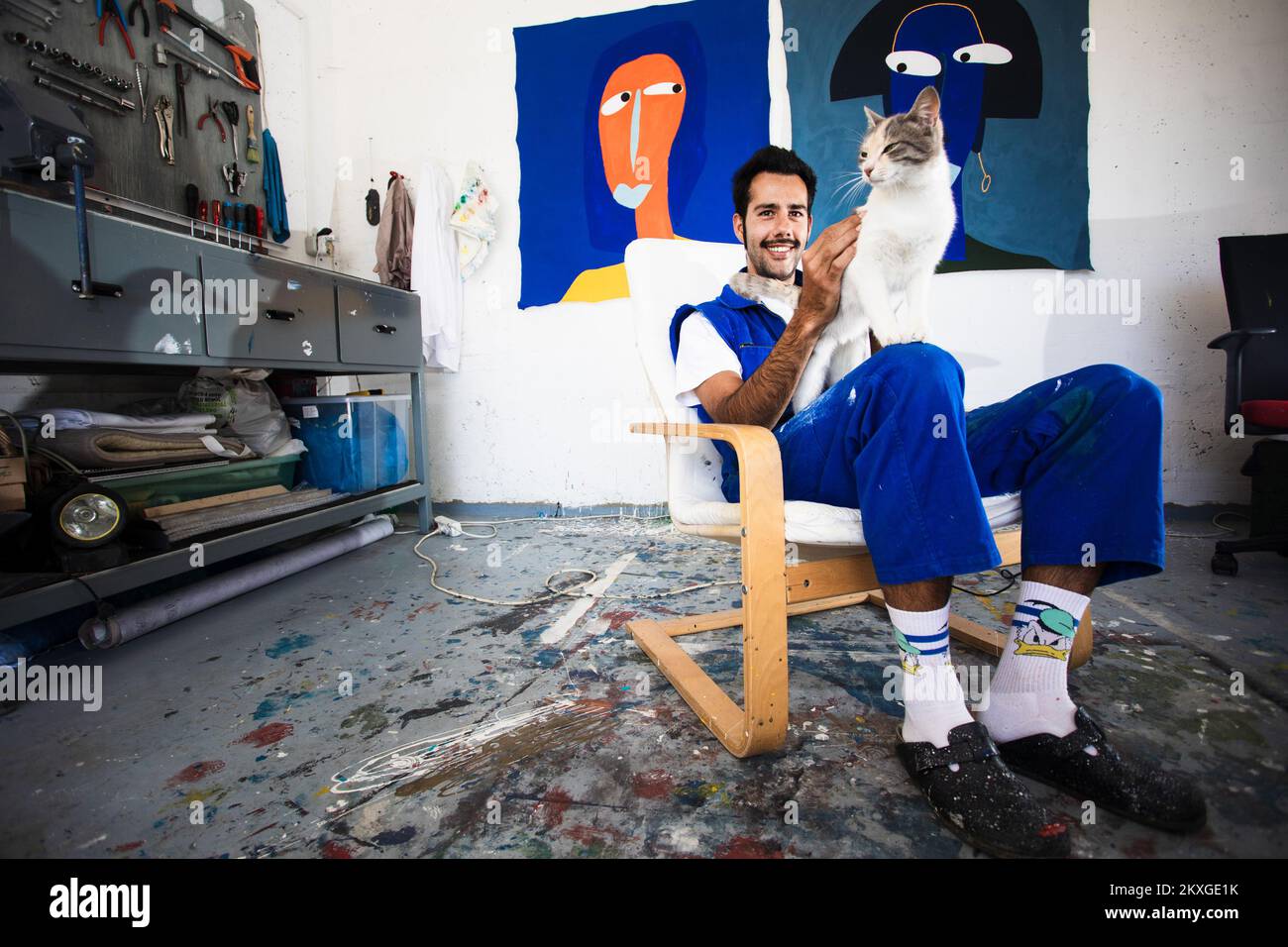 Young artist Stjepan Jukic is pictured in his studio garage in Klis ...