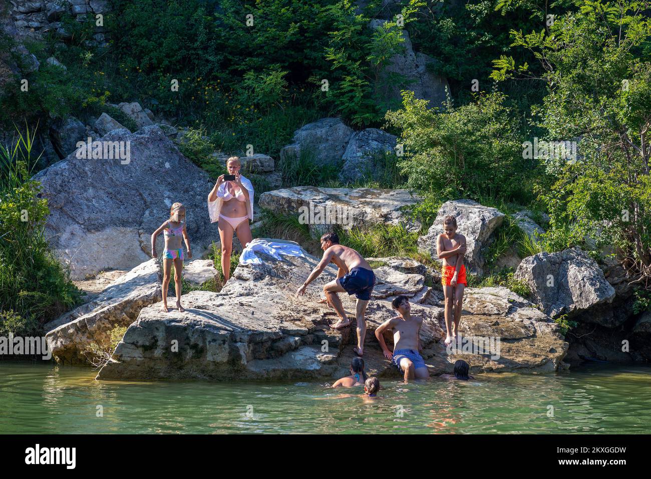 People enjoy at Zarecki krov (Zarecje's roof) waterfall,near Pazin ...