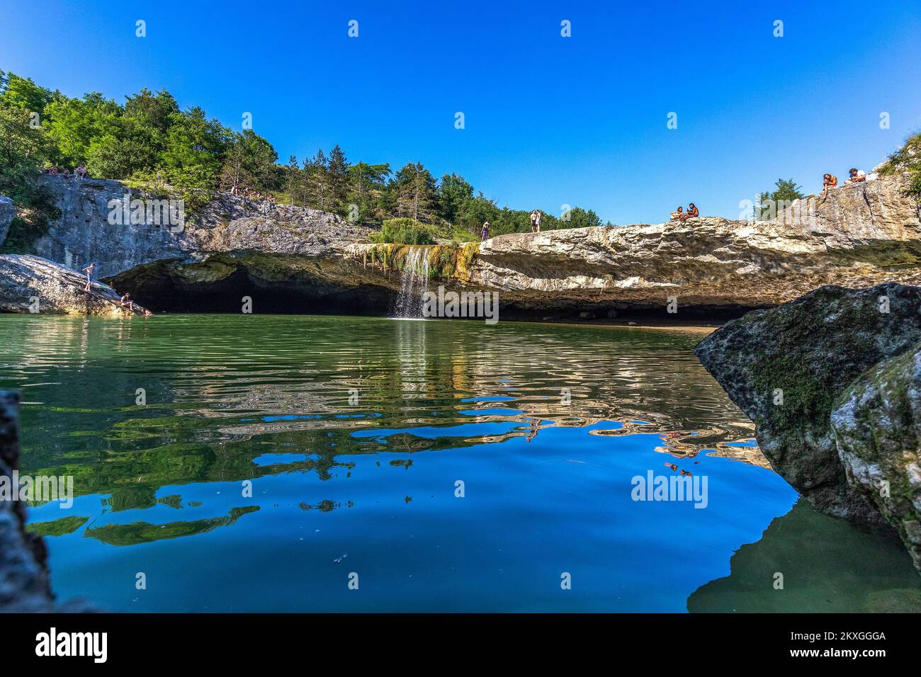 People enjoy at Zarecki krov (Zarecje's roof) waterfall,near Pazin ...