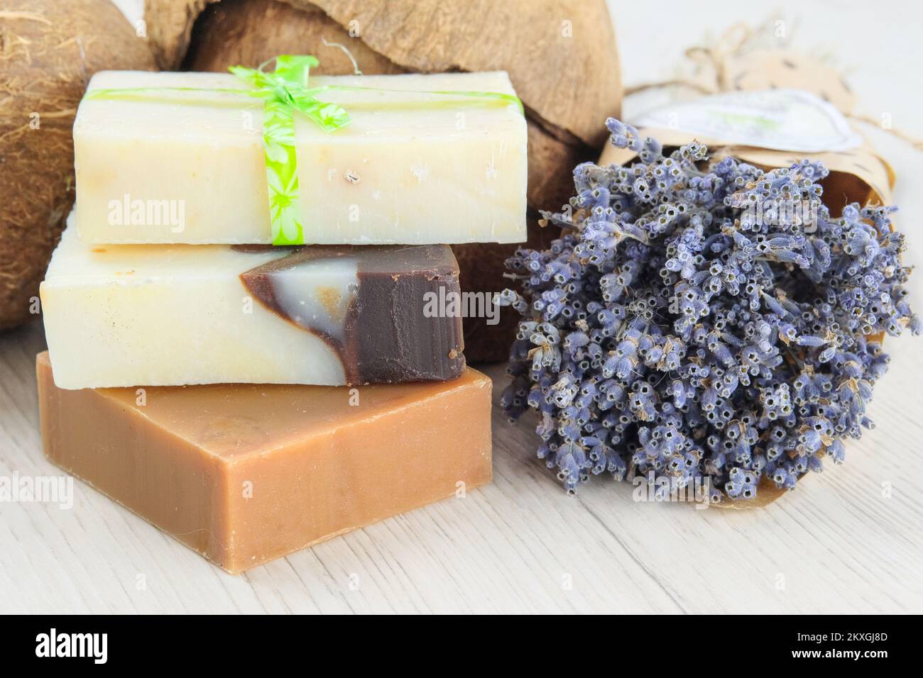 Soaps with natural ingredients on wooden background. Natural cosmetics ...