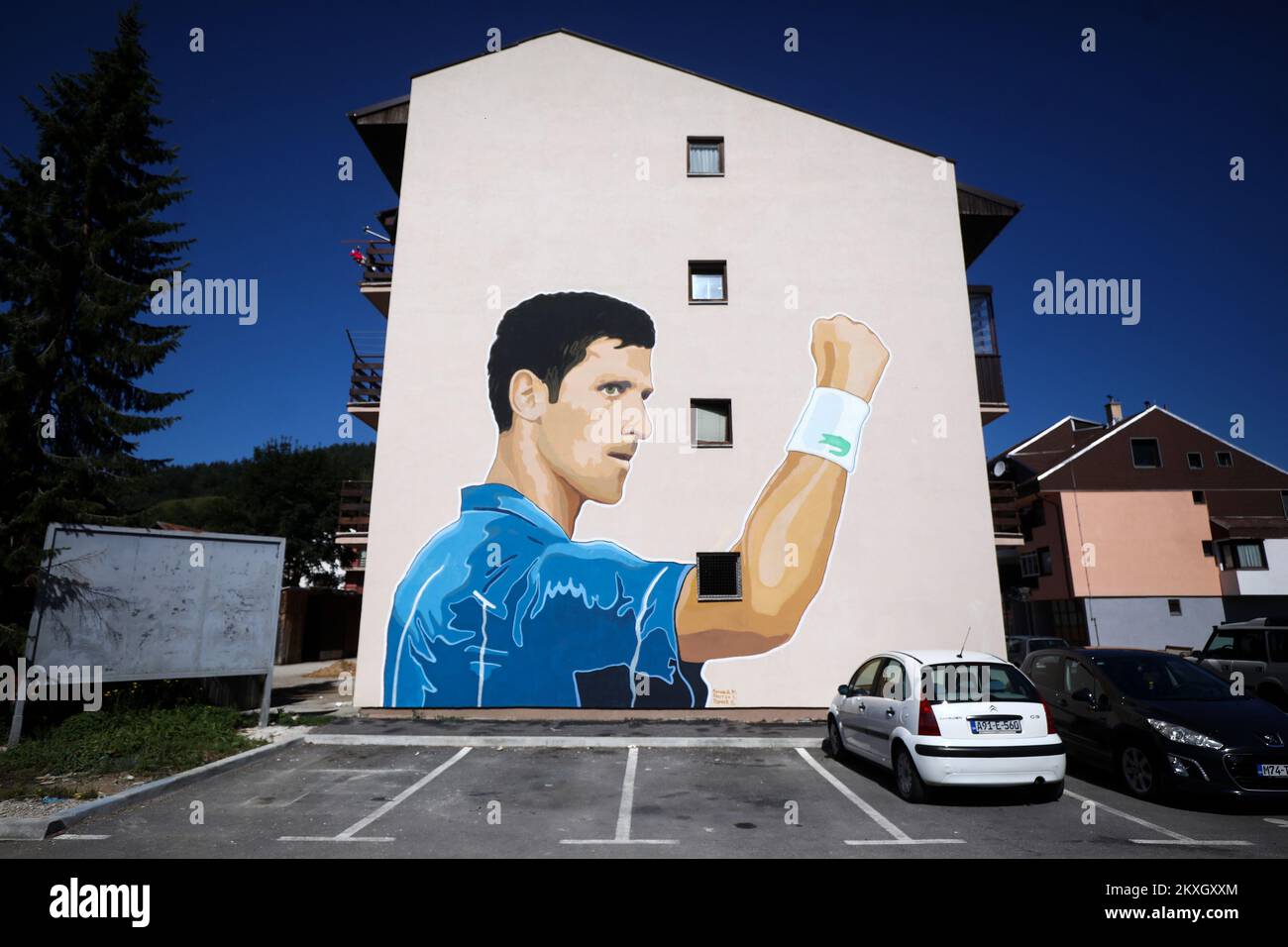Photo taken on July 29, 2020. shows mural of Novak Djokovic on Srdjan ...