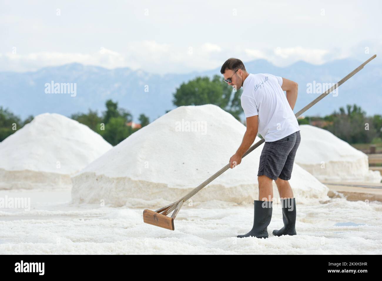 Salt harvesting at the Nin Saltworks. The natural Nin salt is a gift of ...