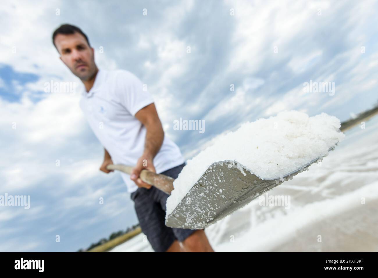 Salt harvesting at the Nin Saltworks. The natural Nin salt is a gift of ...