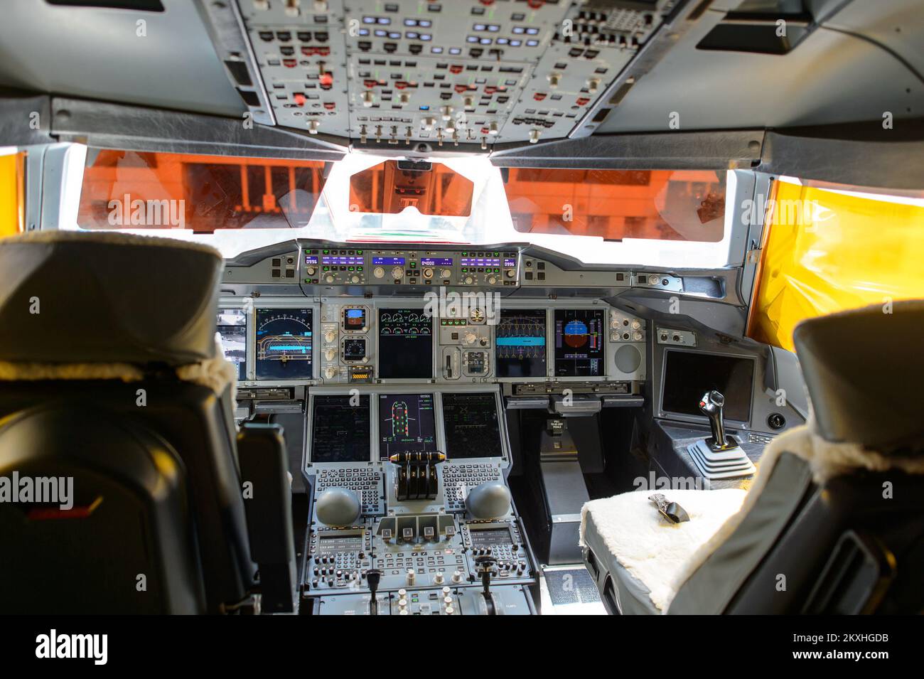 DUBAI, UAE - JUNE 22, 2015: Emirates A380-800 cockpit interior ...