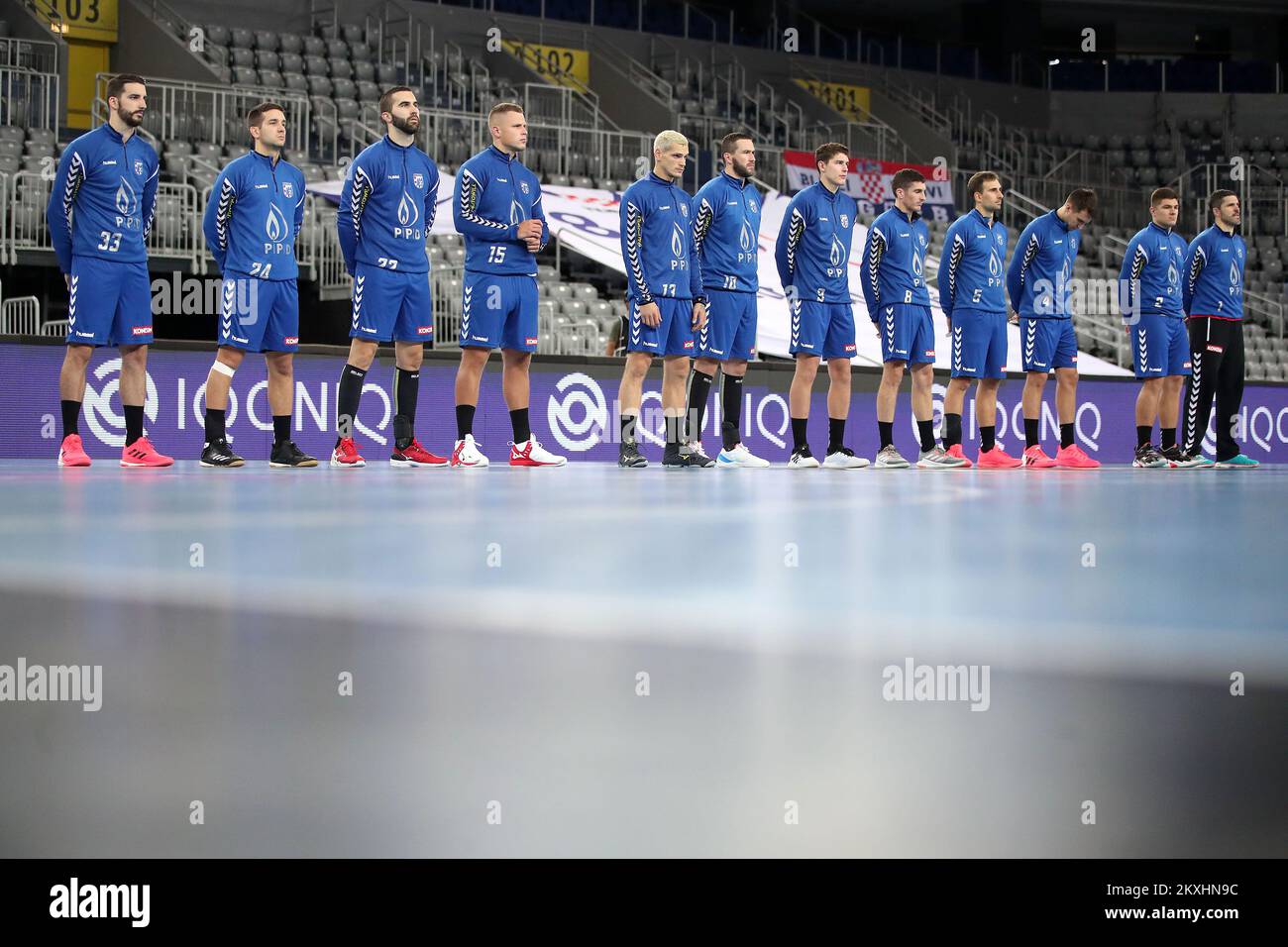 PPD Zagreb players prior EHF Champions League match between PPD Zagreb and THW Kiel on September ...