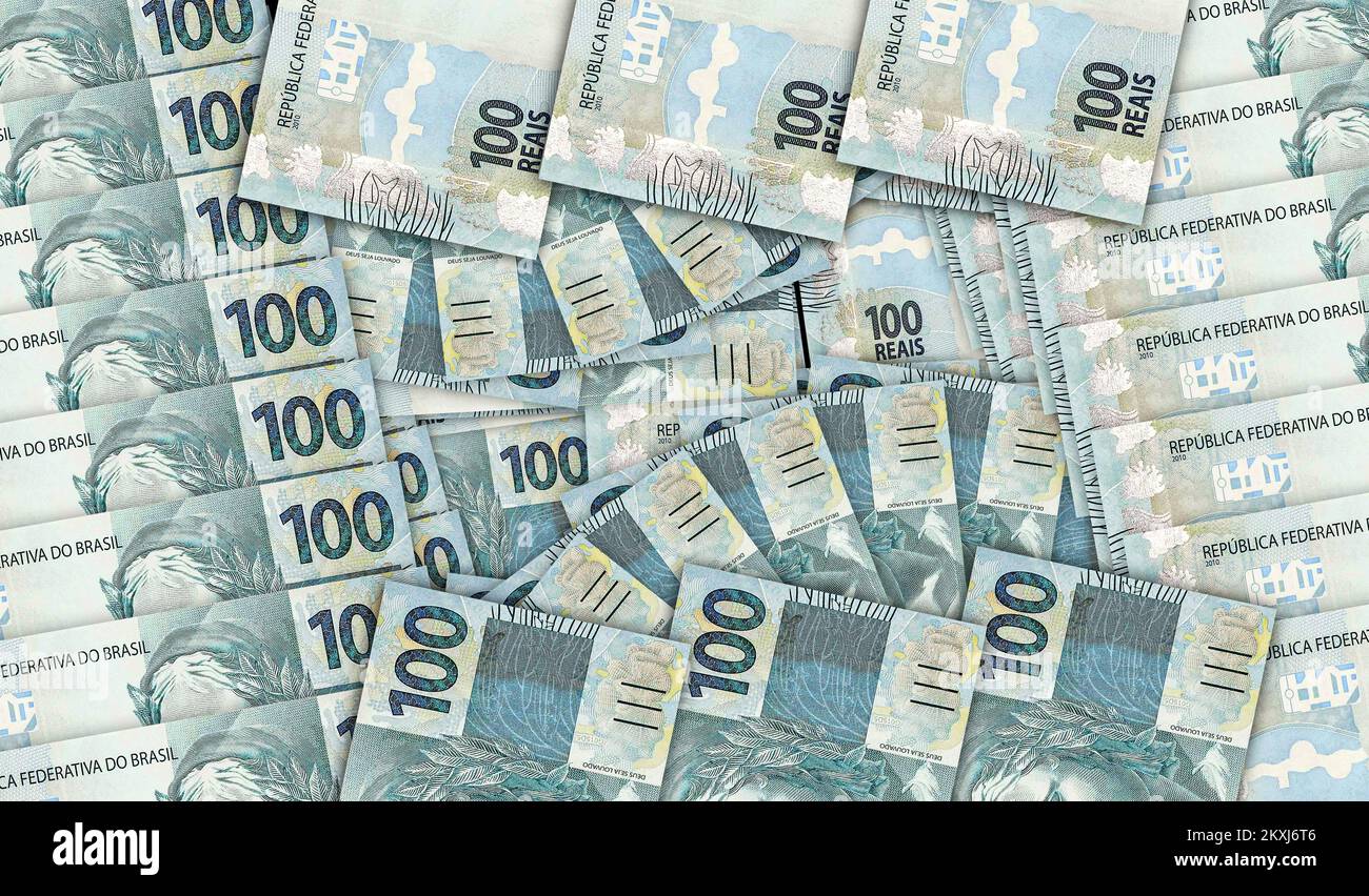 Brazilian Real banknotes in a cash fan mosaic pattern. Brazil 100 BRL ...