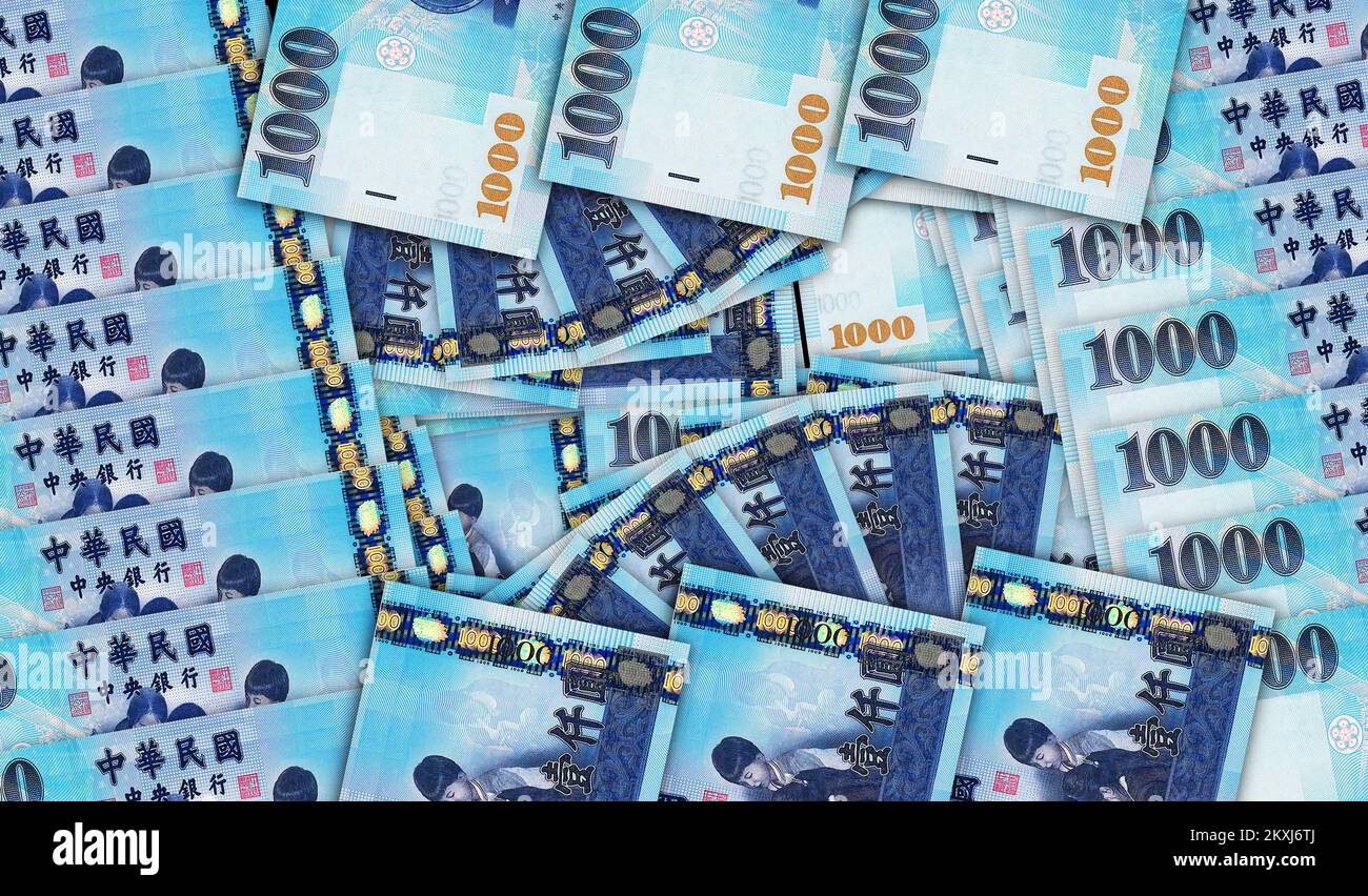 Taiwan Dollar banknotes in a cash fan mosaic pattern. Taiwanese 1000 ...