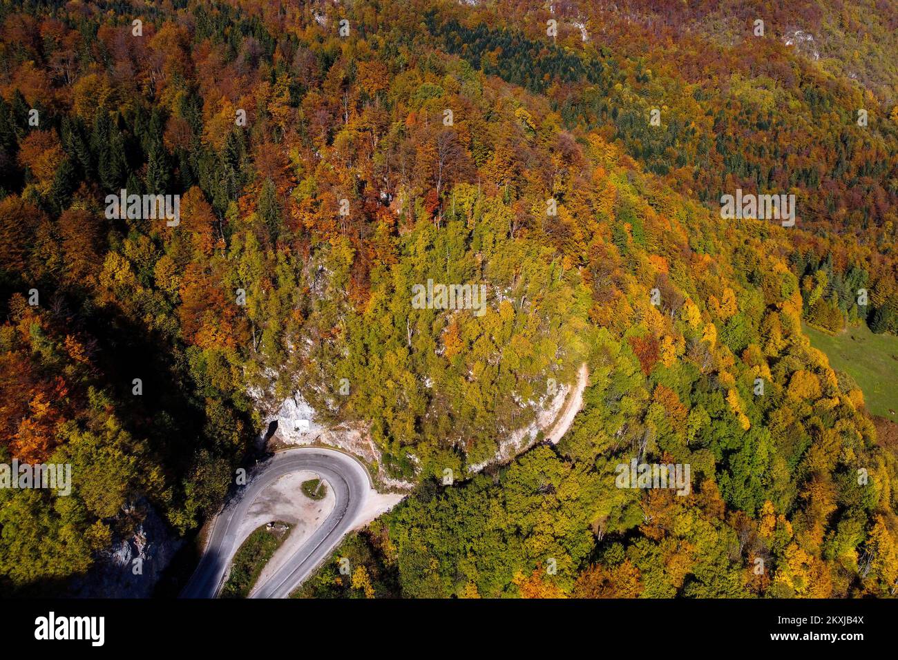 Aerial photo of road through autumn forrest of Romanija mountain in ...