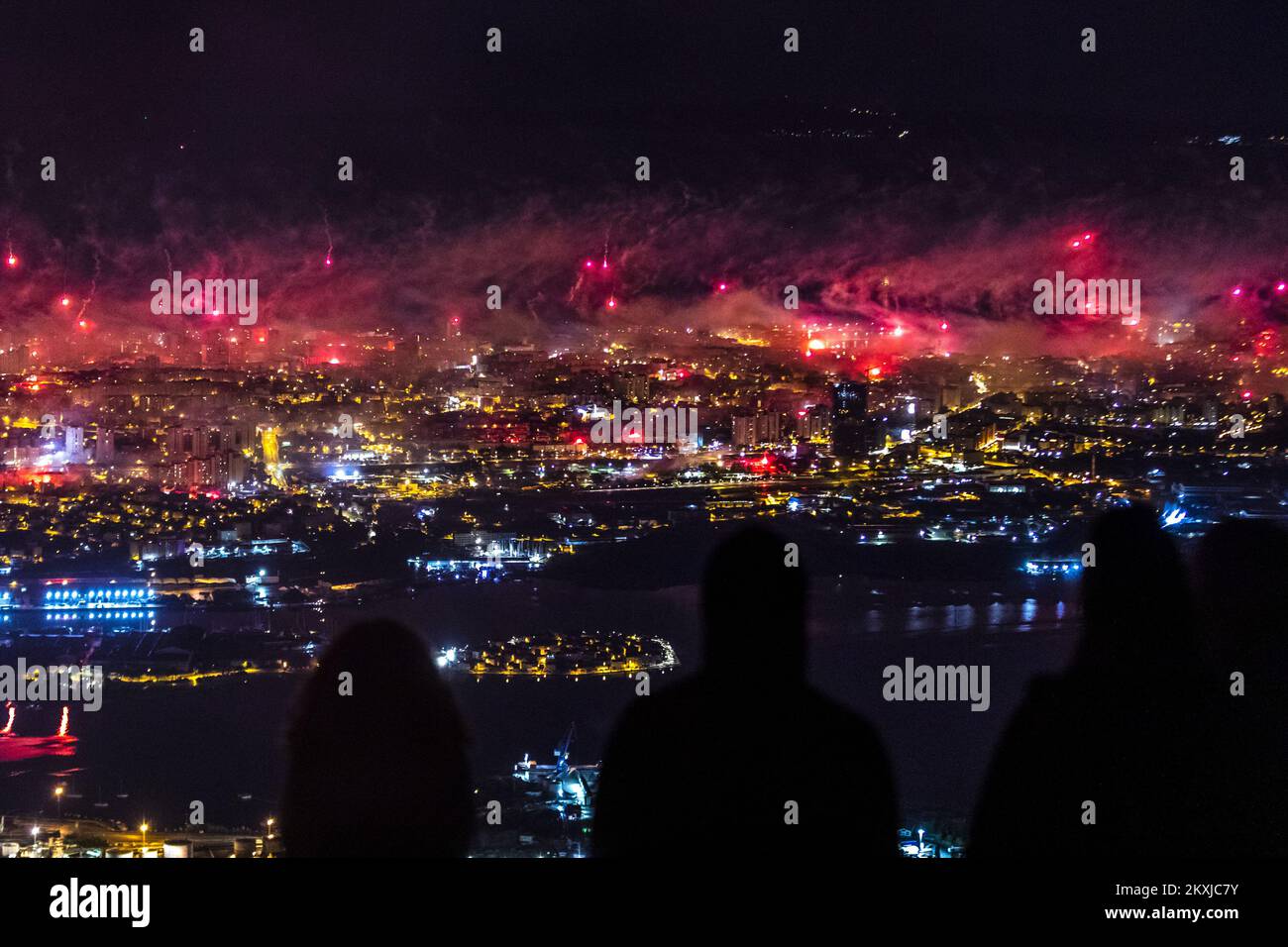 Picture shows fireworks and torches from Kozjak hill , in Split ...