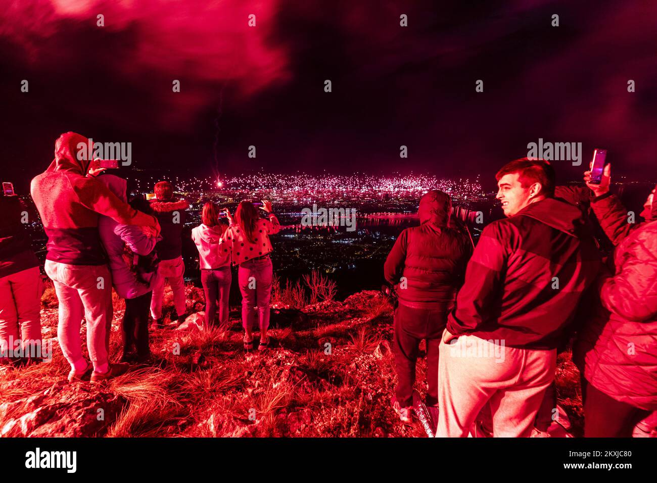 Picture shows fireworks and torches from Kozjak hill , in Split ...