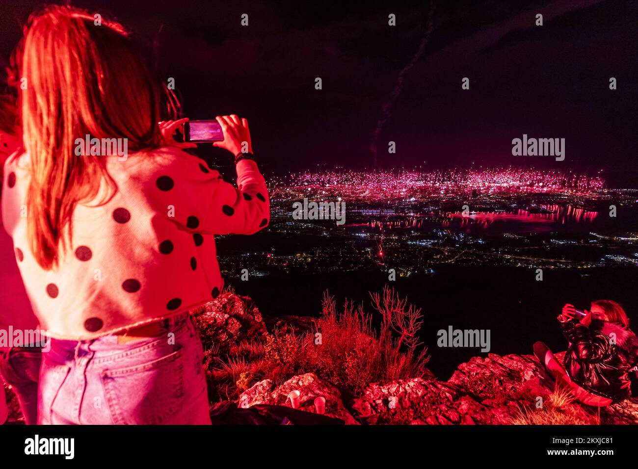 Picture shows fireworks and torches from Kozjak hill , in Split ...