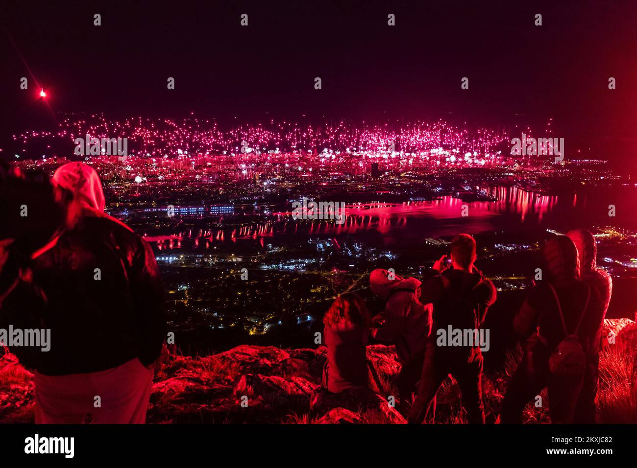 Picture shows fireworks and torches from Kozjak hill , in Split ...