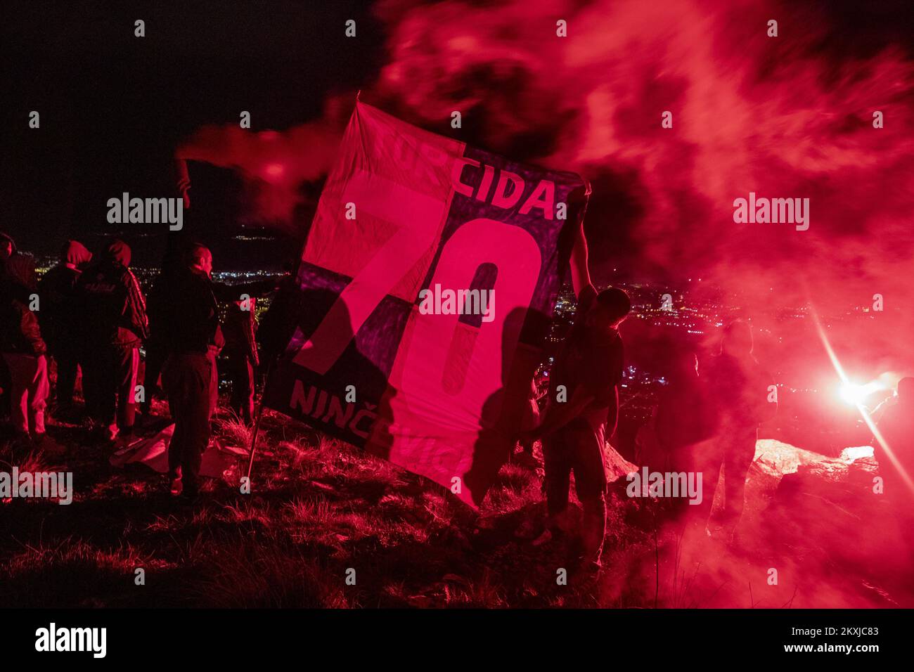 Picture shows fireworks and torches from Kozjak hill , in Split ...