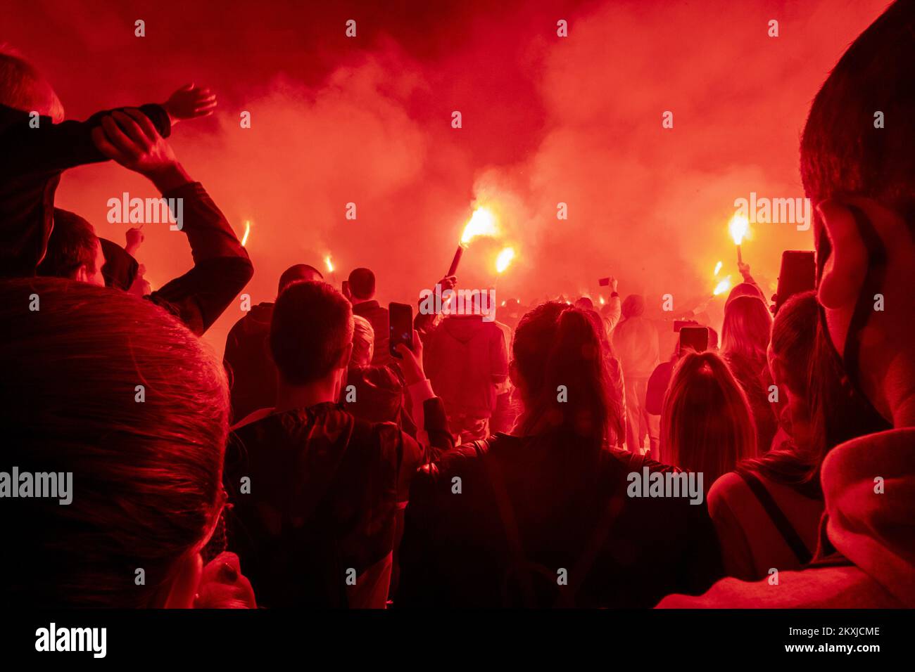 Torcida fans holding torches in Split, Croatia, on October 28, 2020 ...