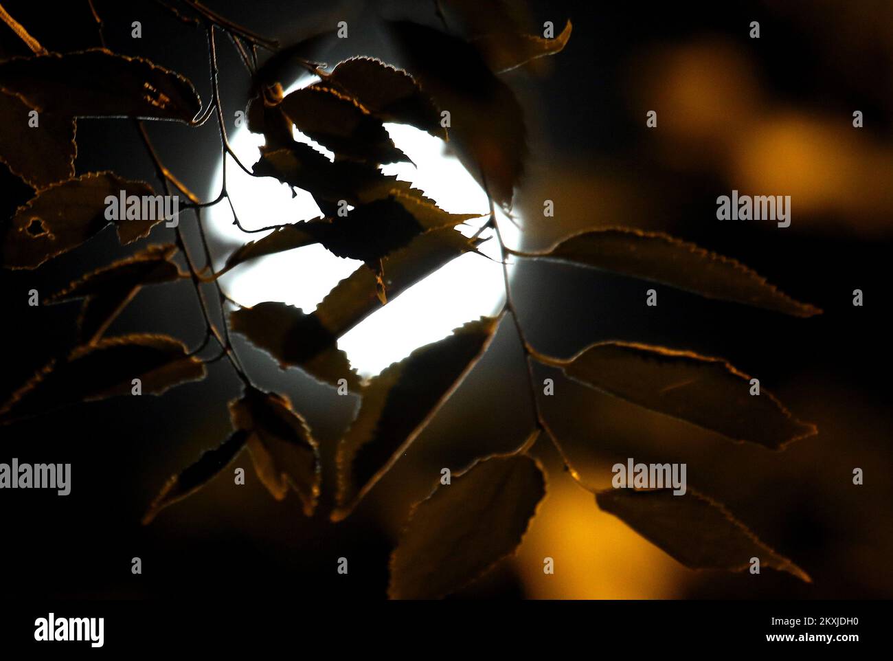 Photo taken on October 31, 2022 shows "blue moon" over Sibenik, Croatia ...
